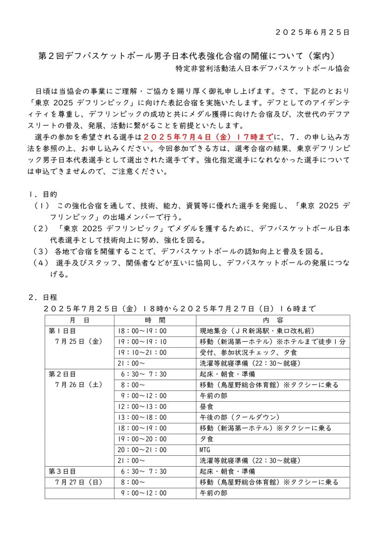第2回デフバスケットボール男子日本代表強化合宿の開催案内について | JDBA